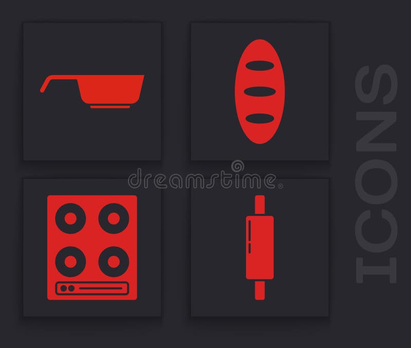Set Rolling Pin, Frying Pan, Bread Loaf and Gas Stove Icon. Vector ...