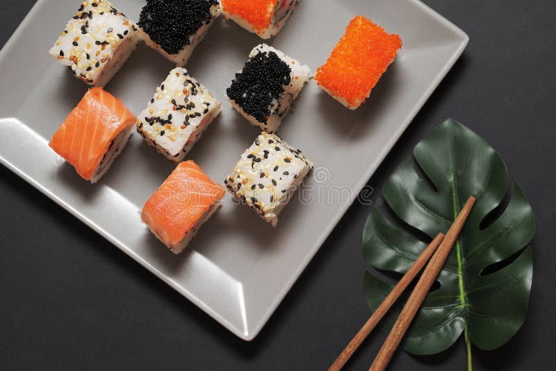 Set of rolls on plate. stock image. Image of plate, fish - 207361425