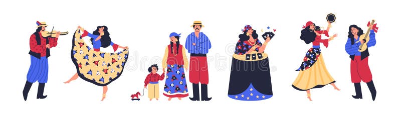Set of Romani People Dancing and Playing Music Instruments, Flat Vector ...