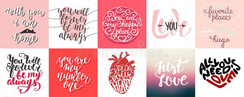 Set of Romantic and Love Vector Hand Drawn Unique Typography Stock ...