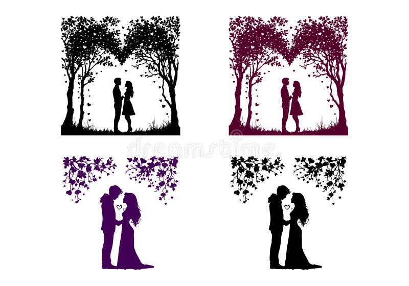 Set of Romantic Silhouette Couples of Lovers Underneath Trees Stock ...