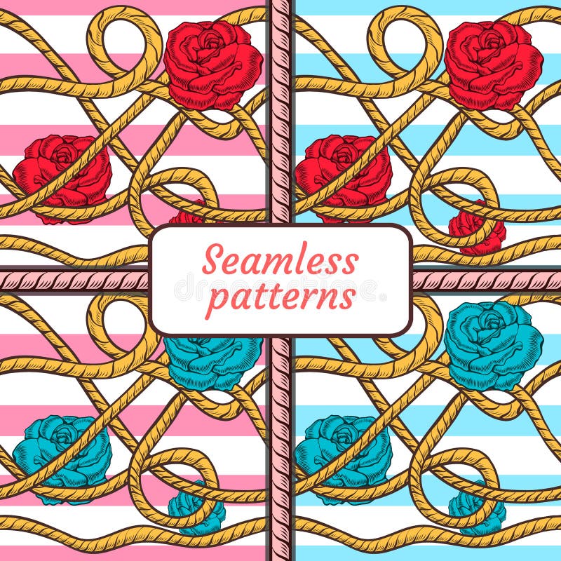 Rope and Flowers. Four Patterns Stock Vector - Illustration of border ...