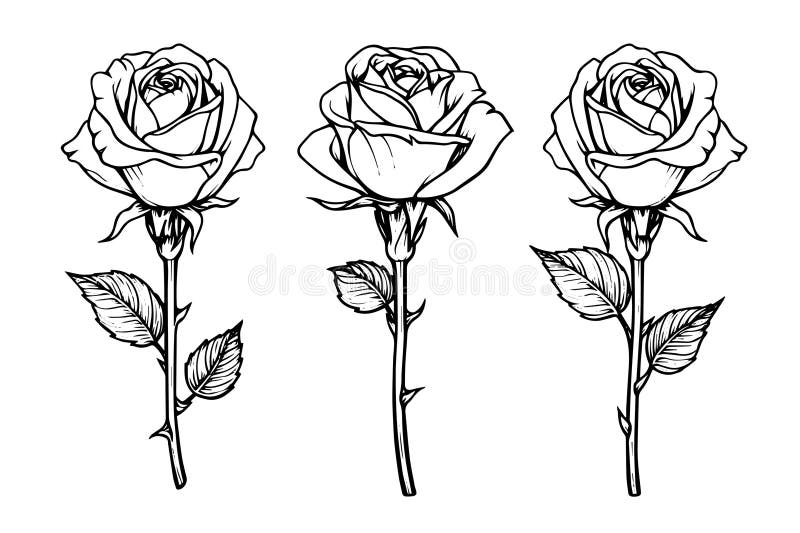 Set of Rose Flower Hand Drawn Ink Sketch. Engraving Style Vector ...