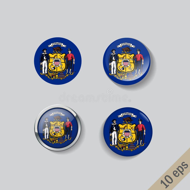 Set of Round Buttons with the Image of Wisconsin State Flag on Gray ...
