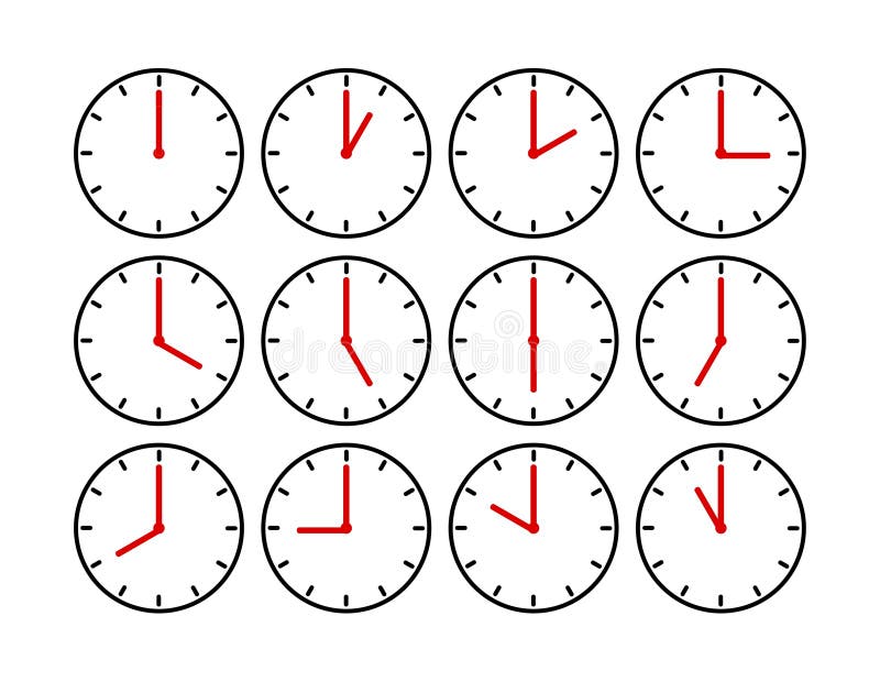 Set of Round Clocks Showing Various Time with Rounded and Red Arrow ...