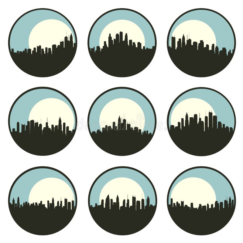 Set of Round Emblems of Silhouettes a Big City with Skyscrapers with ...