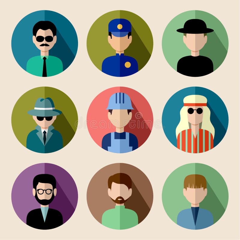 Set of Round Flat Icons with Men. Stock Vector - Illustration of hippie ...