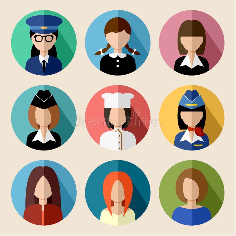 Set of Round Flat Icons with Women. Stock Vector - Illustration of ...