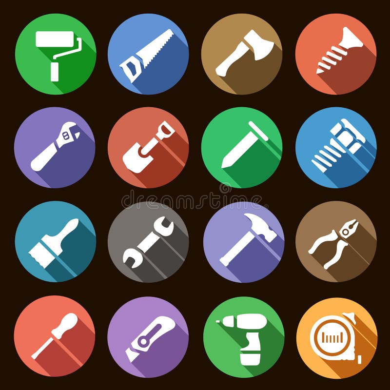 Set of Round Flat Simple Icons Work Tools with Shadow Effect Stock ...