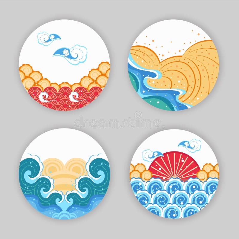 Set of Round Banner Frame Templates with Traditional Chinese Waves ...