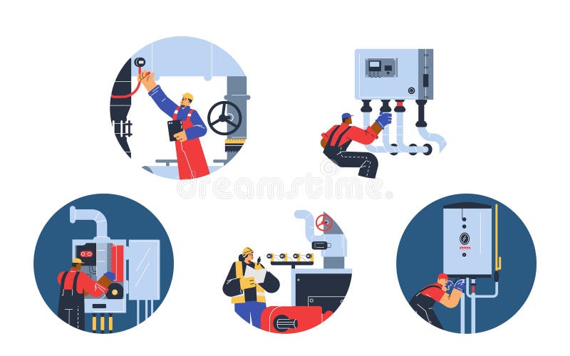 Set of Round Icons about Boiler Engineer Working Flat Style Stock ...