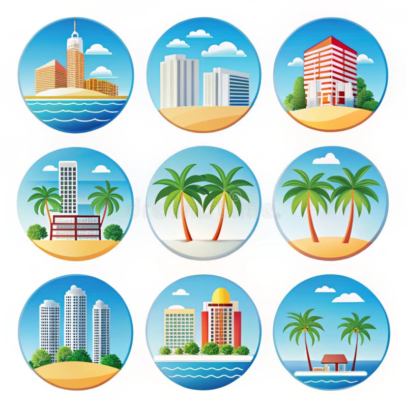 A Set of Round Icons of Cities and Palm Trees Stock Illustration ...