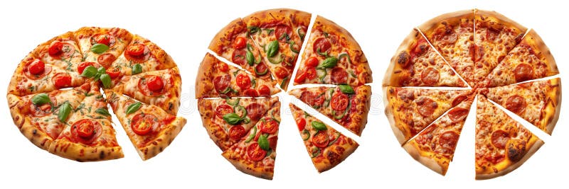 Set of Round Pizzas Cut into Triangular Pieces Folded in a Circle ...