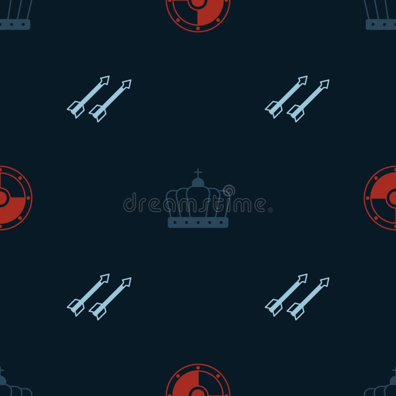 Set Round Shield, King Crown and Medieval Arrows on Seamless Pattern ...