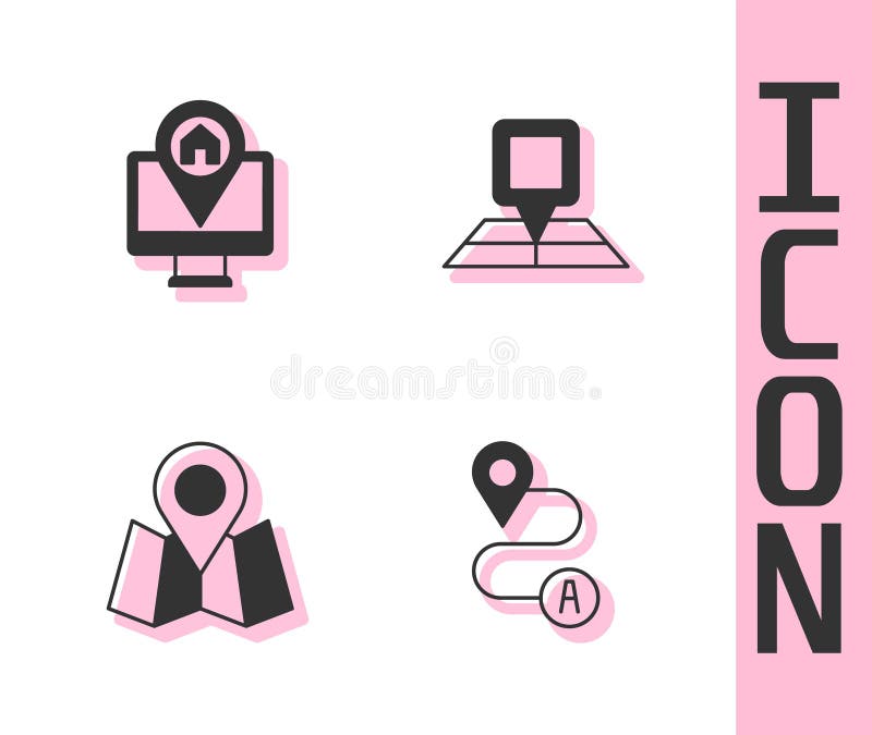Set Route Location, Monitor with Map, Folded Marker and Icon. Vector ... Set Route Location, Monitor with Map, Folded Marker and Icon. Vector ...