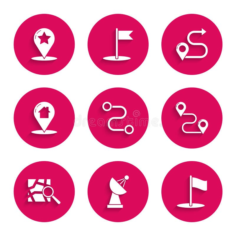 Set Route Location, Radar, Flag, Folded Map with Marker, Map Pointer House, and Star Icon ...