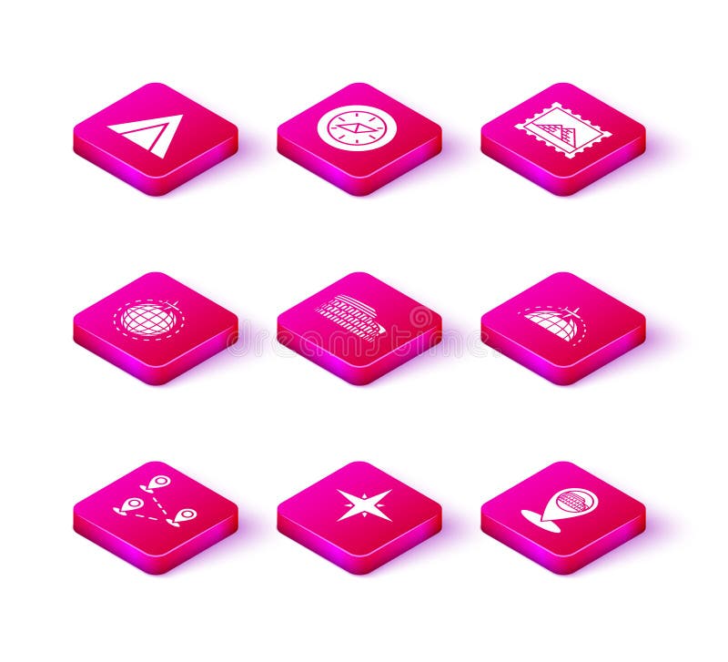 Set Route Location, Wind Rose, Globe with Flying Plane, Coliseum Rome ...