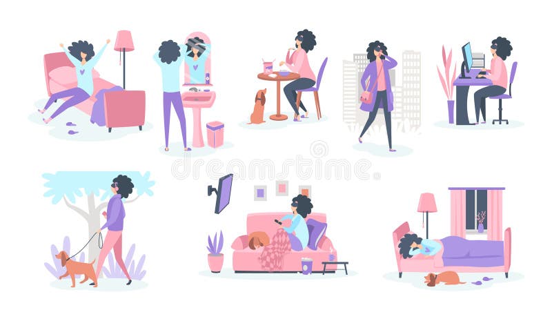 Set the Routine Life of a Woman at Home and at Work. Vector Flat ...