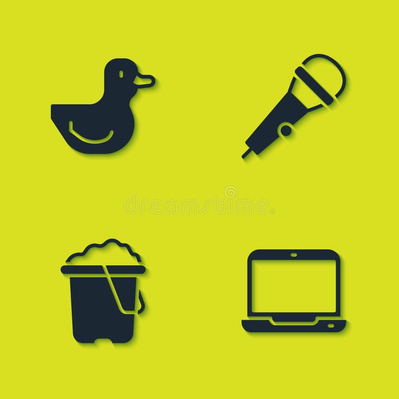 Set Rubber Duck, Laptop, Sand in Bucket and Microphone Icon. Vector ...