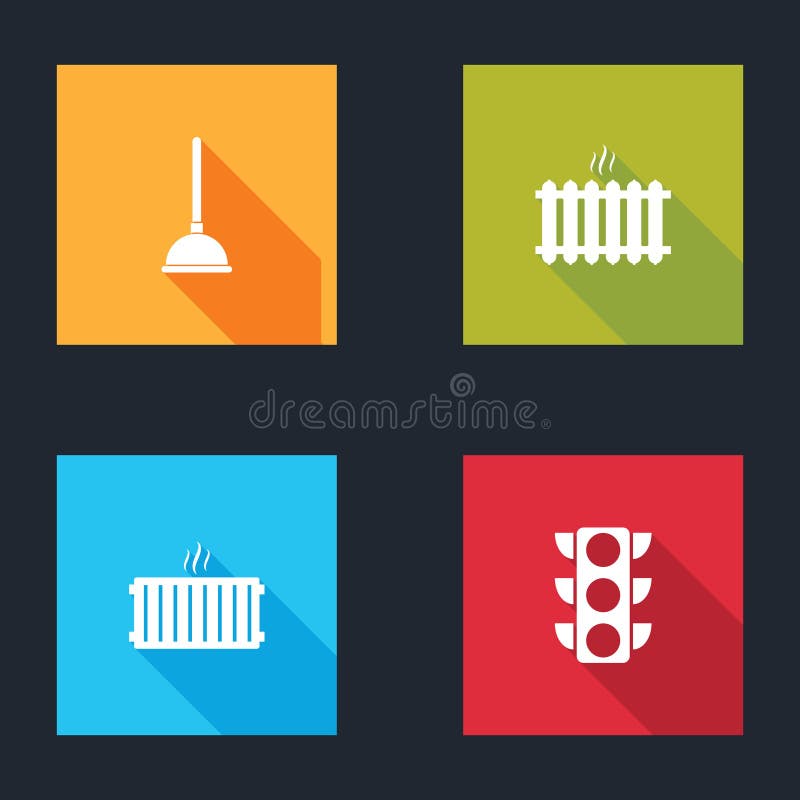 Set Rubber Plunger, Heating Radiator, and Traffic Light Icon. Vector ...