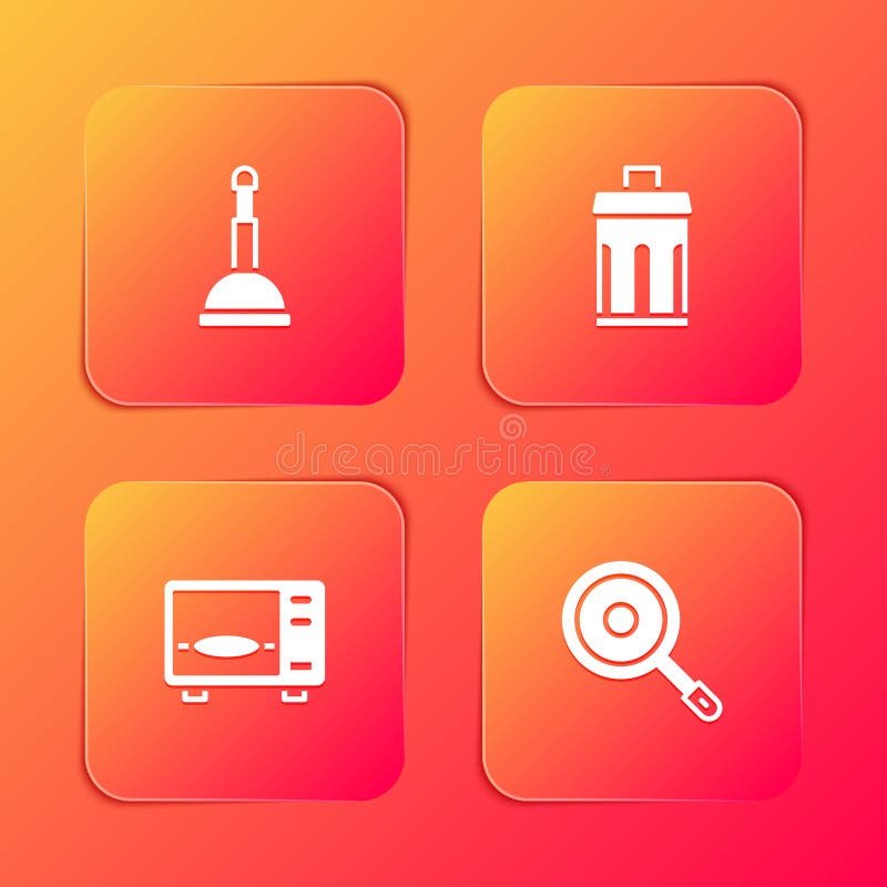 Set Rubber Plunger, Trash Can, Microwave Oven and Frying Pan Icon ...