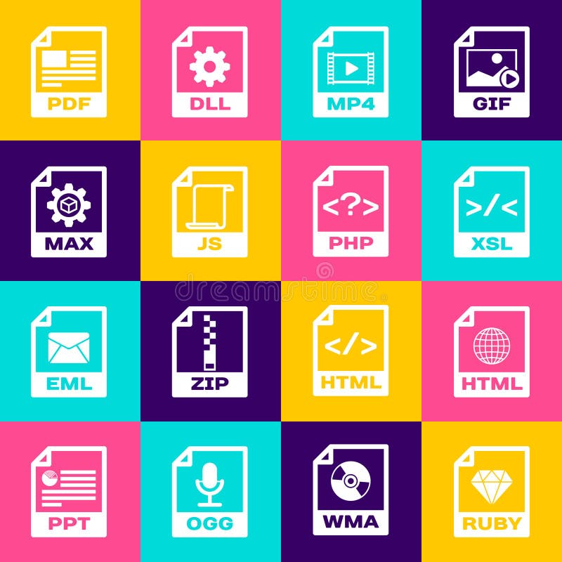 Set RUBY File Document, HTML, XSL, MP4, JS and MAX Icon. Vector Stock Vector - Illustration of ...
