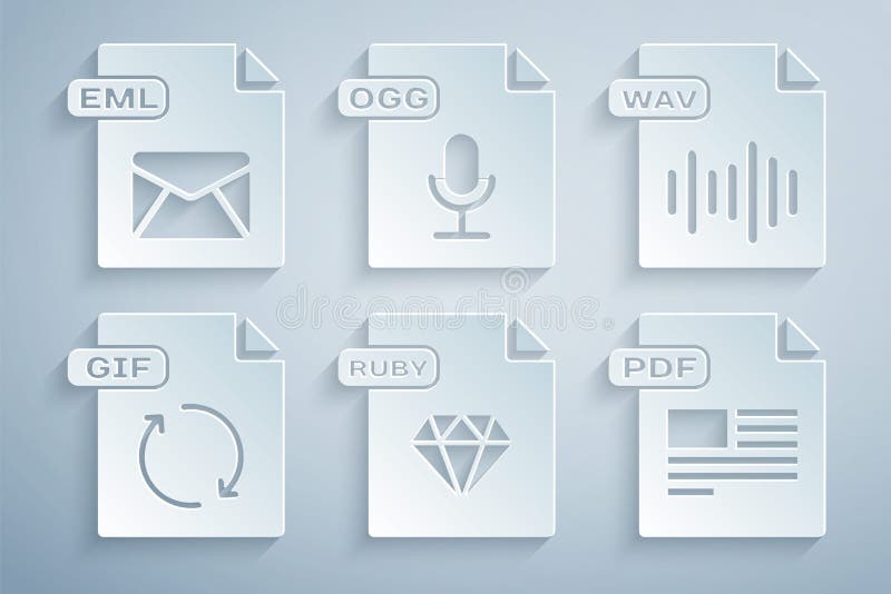 Set RUBY File Document, WAV, GIF, PDF, OGG and EML Icon. Vector Stock ... Set RUBY File Document, WAV, GIF, PDF, OGG and EML Icon. Vector Stock ...