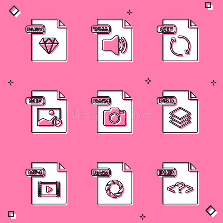 Set RUBY File Document, WMA, GIF, RAW, PSD, MP4 and Icon. Vector Stock Illustration ...