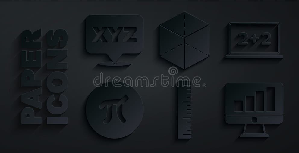Set Ruler, Chalkboard, Pi Symbol, Computer Monitor with Graph Chart, Geometric Figure Cube and ...