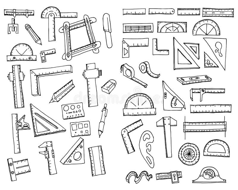 Set of Ruler Drawing Illustration Hand Drawn Doodle Sketch Line Vector ...