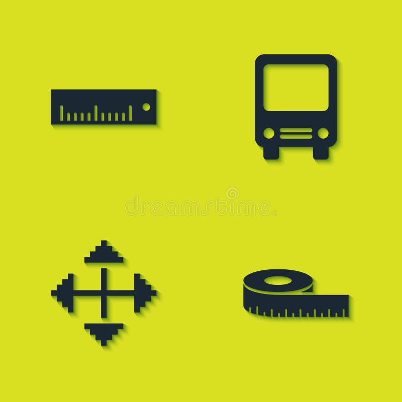 Set Ruler, Tape Measure, Pixel Arrows in Four Directions and Bus Icon ...