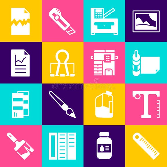 Set Ruler, Text, Roll of Paper, Copy Machine, Binder Clip, Document with Graph Chart, Torn ...