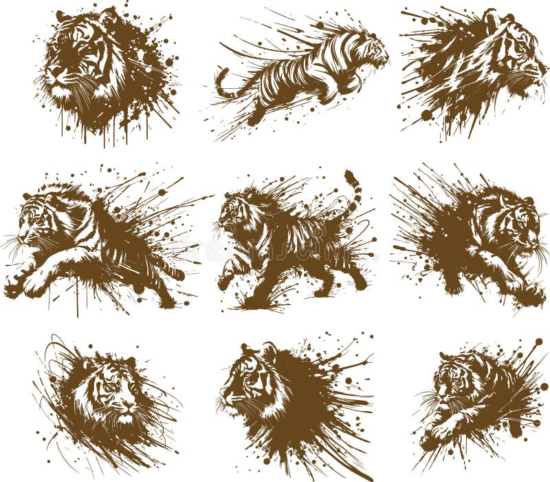 Set of Running Tiger Illustrations in a Grunge Ink Splatter Style Stock ...