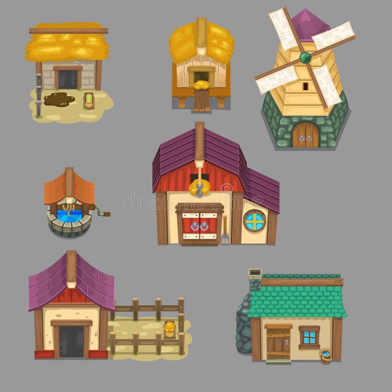 Set of Rural Buildings Create Your Own Cartoon Farm. Game Assets Stock ...