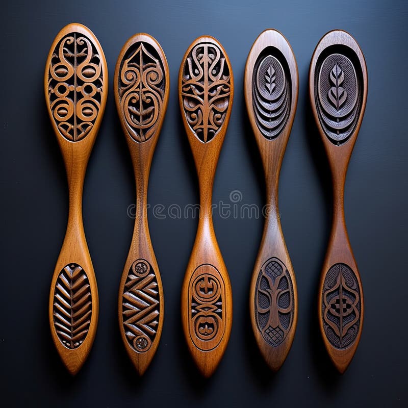 Modern Carved Wooden Measuring Spoons with Intricate Designs Stock ...