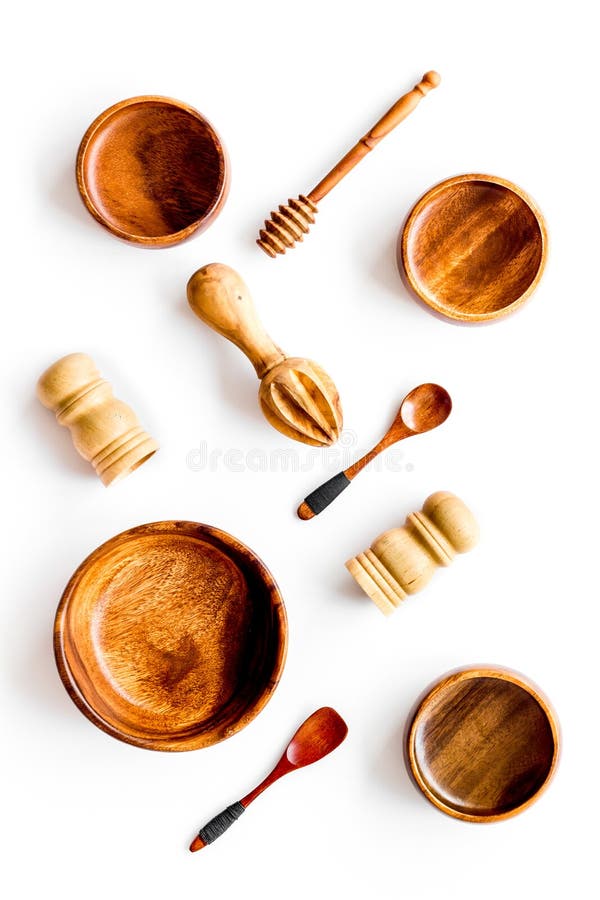 Set of Rustic Wooden Tableware - Bowls and Utensils on White Background ...