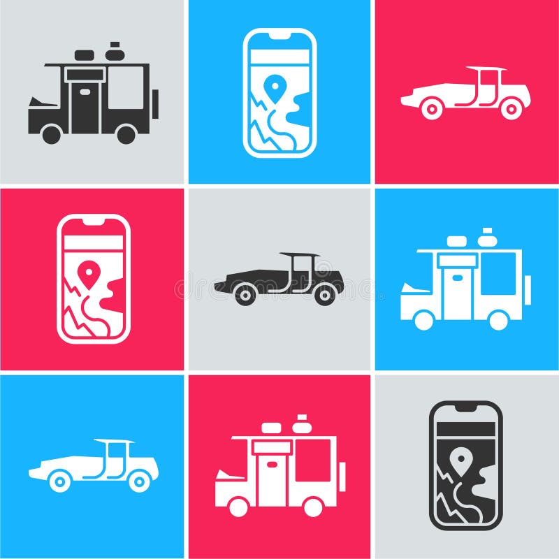 Set Rv Camping Trailer, City Map Navigation and Car Icon. Vector Stock ...