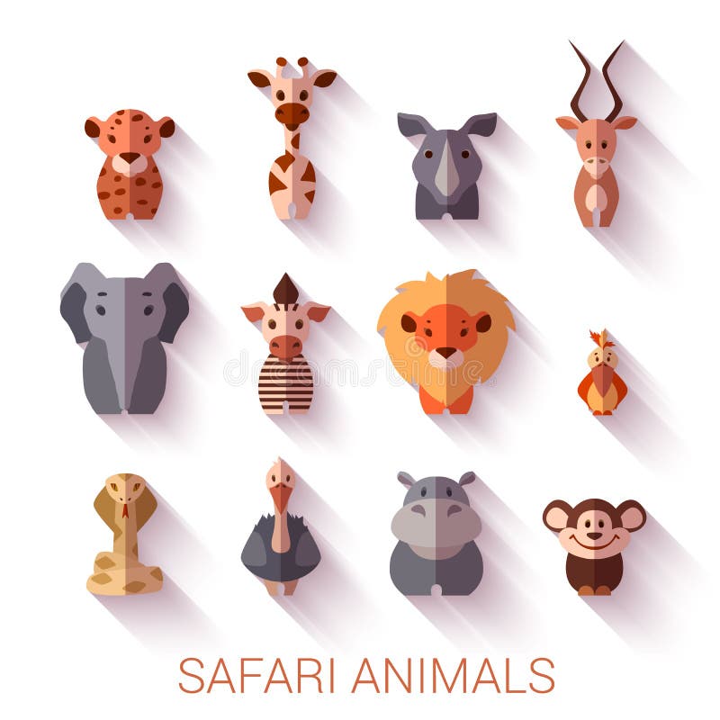 Set of Safari Animals. Flat Style Stock Vector - Illustration of mascot ...