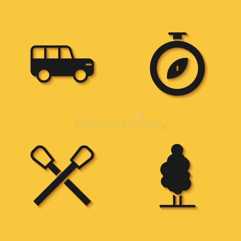 Set Safari Car, Tree, Burning Match with Fire and Compass Icon with ...