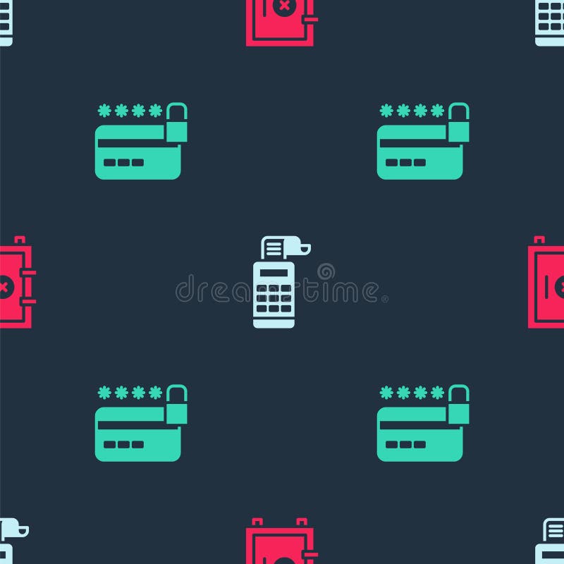 Set Safe, Cash Register Machine and Credit Card with Lock on Seamless ...