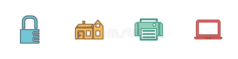 Set Safe Combination Lock, House, Printer and Laptop Icon. Vector Stock ...