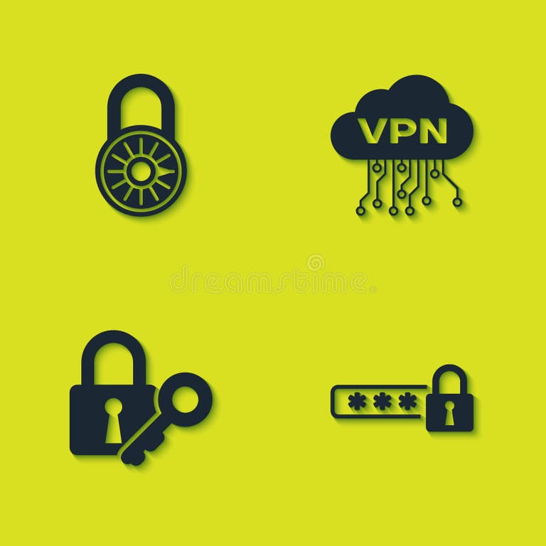 Set Safe Combination Lock Wheel, Password Protection, Lock and Key and Cloud VPN Interface Icon ...