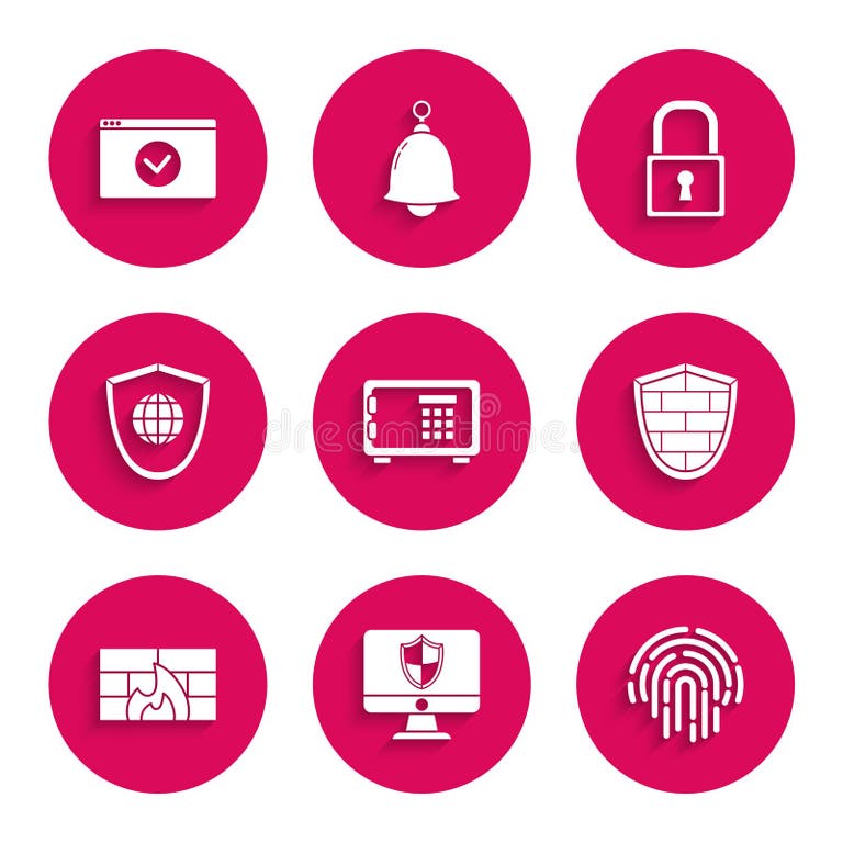 Set Safe, Computer Monitor and Shield, Fingerprint, Shield with Cyber Security Brick Wall ...