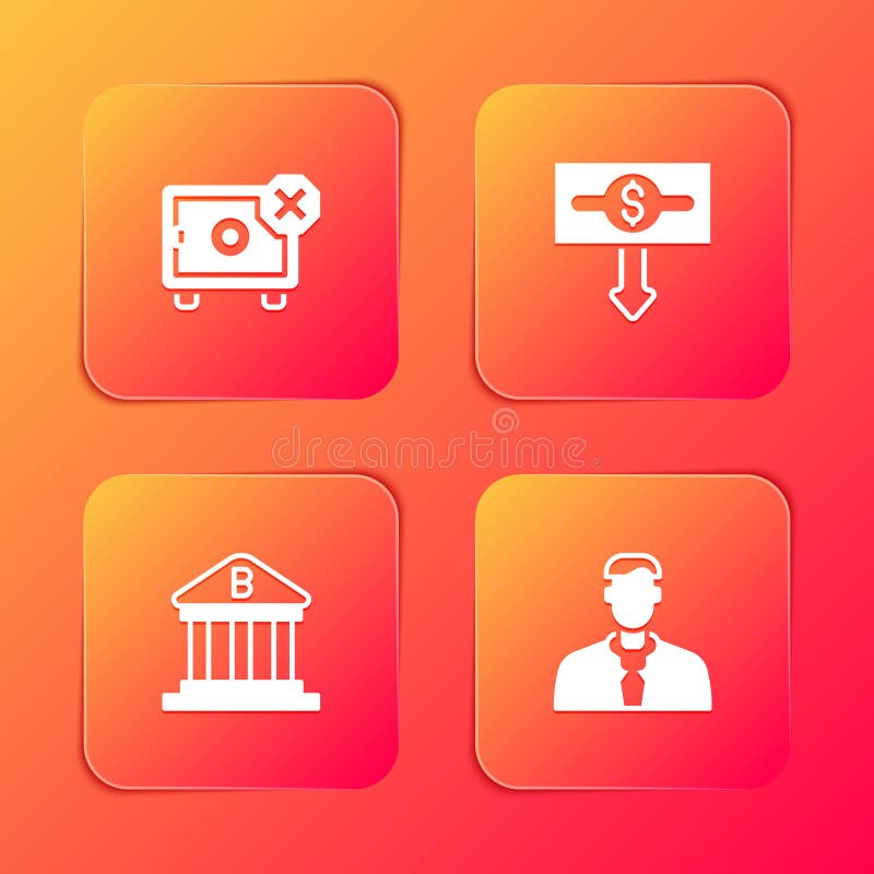 Set Safe, Dollar Rate Decrease, Bank Building and Worker Icon. Vector Stock Vector ...