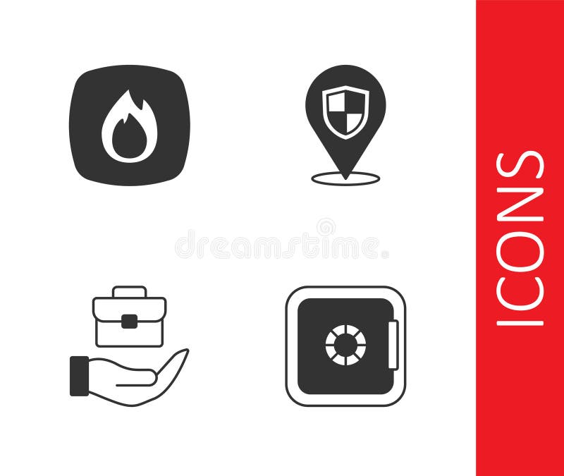 Set Safe, Fire Flame, Hand Holding Briefcase and Location Shield Icon ...