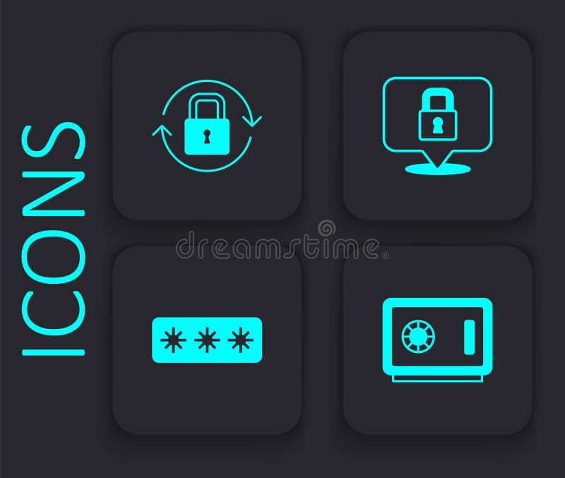 Set Safe, Lock, and Password Protection Icon. Black Square Button ...
