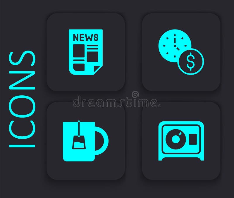 Set Safe, News, Time is Money and Cup of Tea Icon. Black Square Button ...