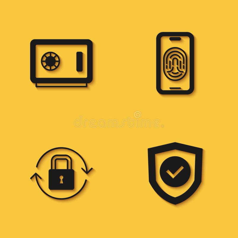 Set Safe, Shield with Check Mark, Lock and Mobile Fingerprint Scanner ...