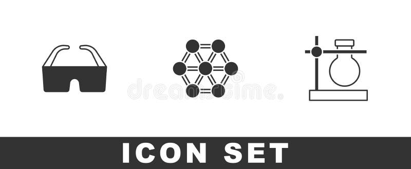Set Safety Goggle Glasses, Molecule and Test Tube Flask on Stand Icon ...