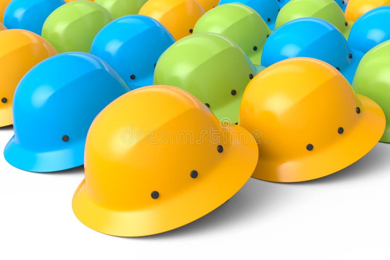 Set of Safety Helmets or Hard Caps for Carpentry Work in Row on White ...
